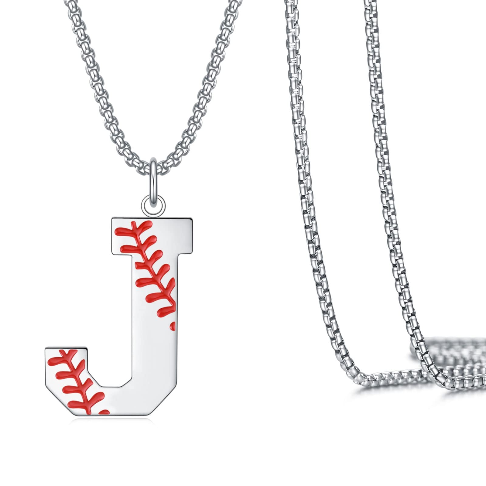 VEEHOO Baseball Necklace for Men Boys,Initial A-Z Letter Baseball Jewelry Pendant Baseball Gifts for Boys Boyfriend Coach Dad (Silver, J)