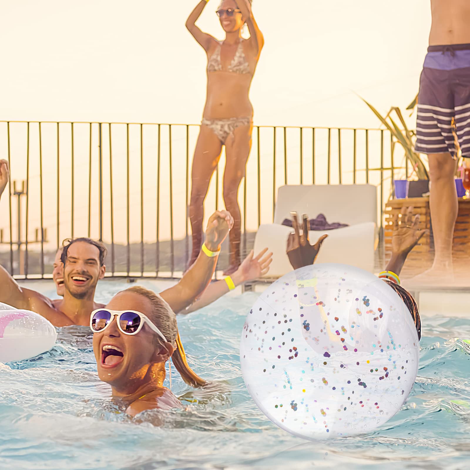 AMOR PRESENT Beach Balls, 16 Inch Glitter Beach Balls Conffeti Pool Toys for Kids Summer Pool Party Beach Volleyball Vacation, Silver