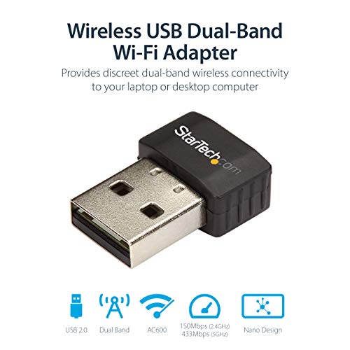 StarTech.com Wireless USB WiFi Adapter β Dual Band AC600 Wireless Dongle - 2.4GHz / 5GHz - 802.11ac Wi-Fi Laptop Adapter (USB433ACD1X1)