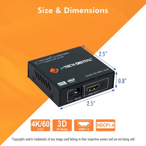 4K HDMI Splitter 1 in 2 out 1X2 Powered Splitter for Dual Monitors by J-Tech Digital Power Adaptor included [JTD-MINI-1X2SP]