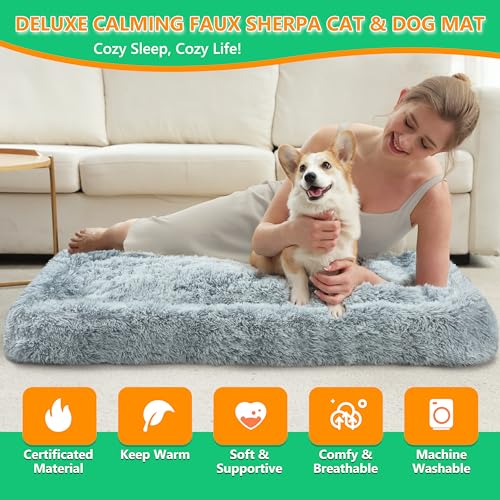 KISYYO Deluxe Dog Bed Mat for Large Dogs Fluffy Cozy Kennel Pad Washable Dog Crate Mat 36 inch with Pillow Edge Design