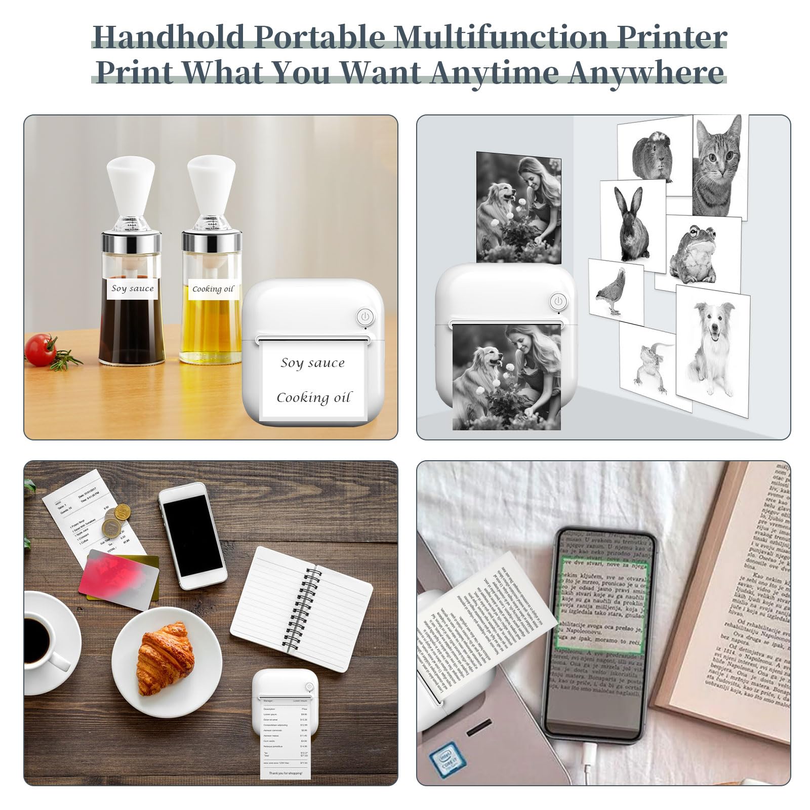 Sticker Printer, Mini Printer,Inkless Sticker Printer,Mini Sticker Printer,Compatible With IOS + Android for Learning Assistance, 3 Pcs sticker rolls, Study Notes, Memo, Fun, Work, Journal (White)