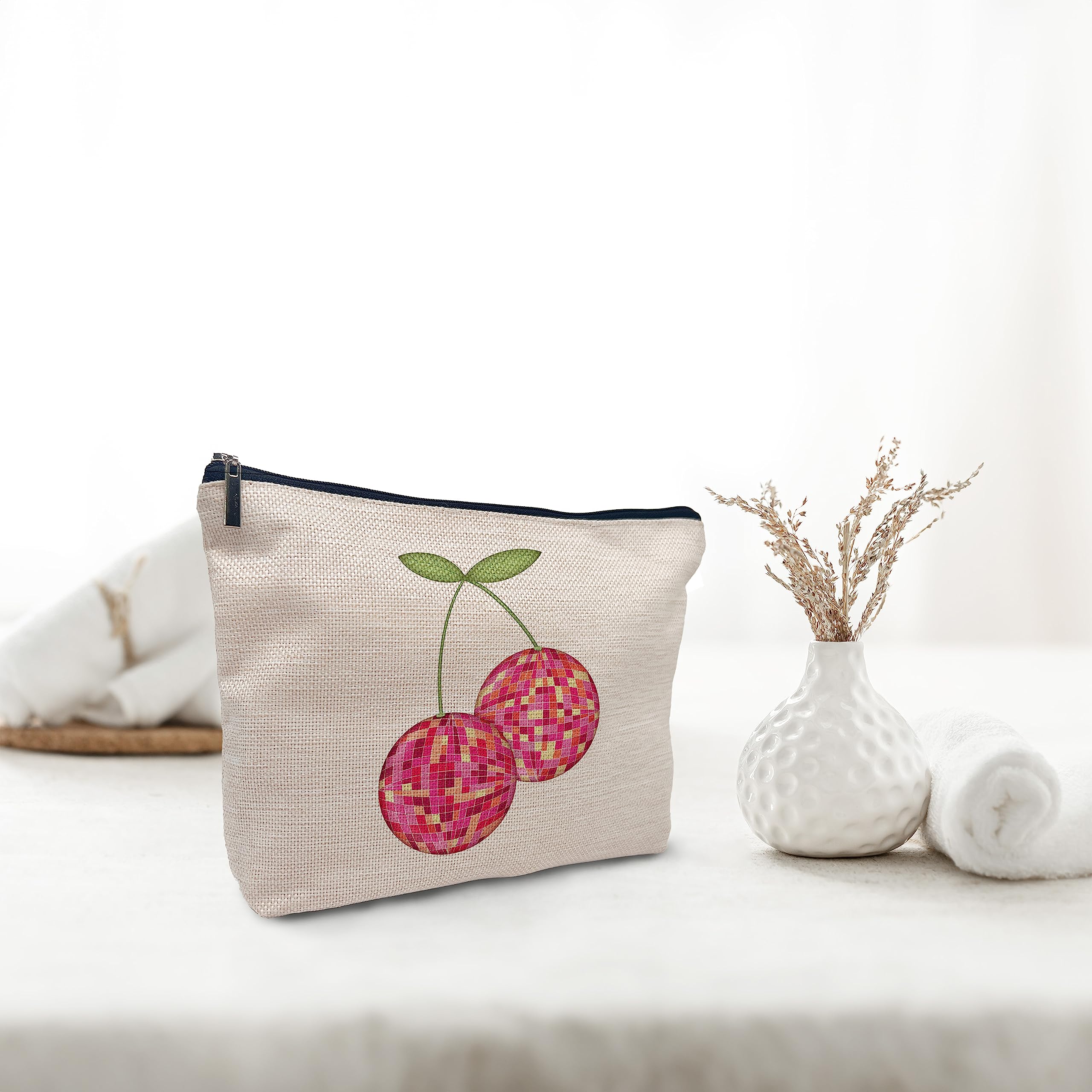 Nogrit Hot Pink Preppy Cherry Disco Ball Makeup Bag for Teen Girls & Women