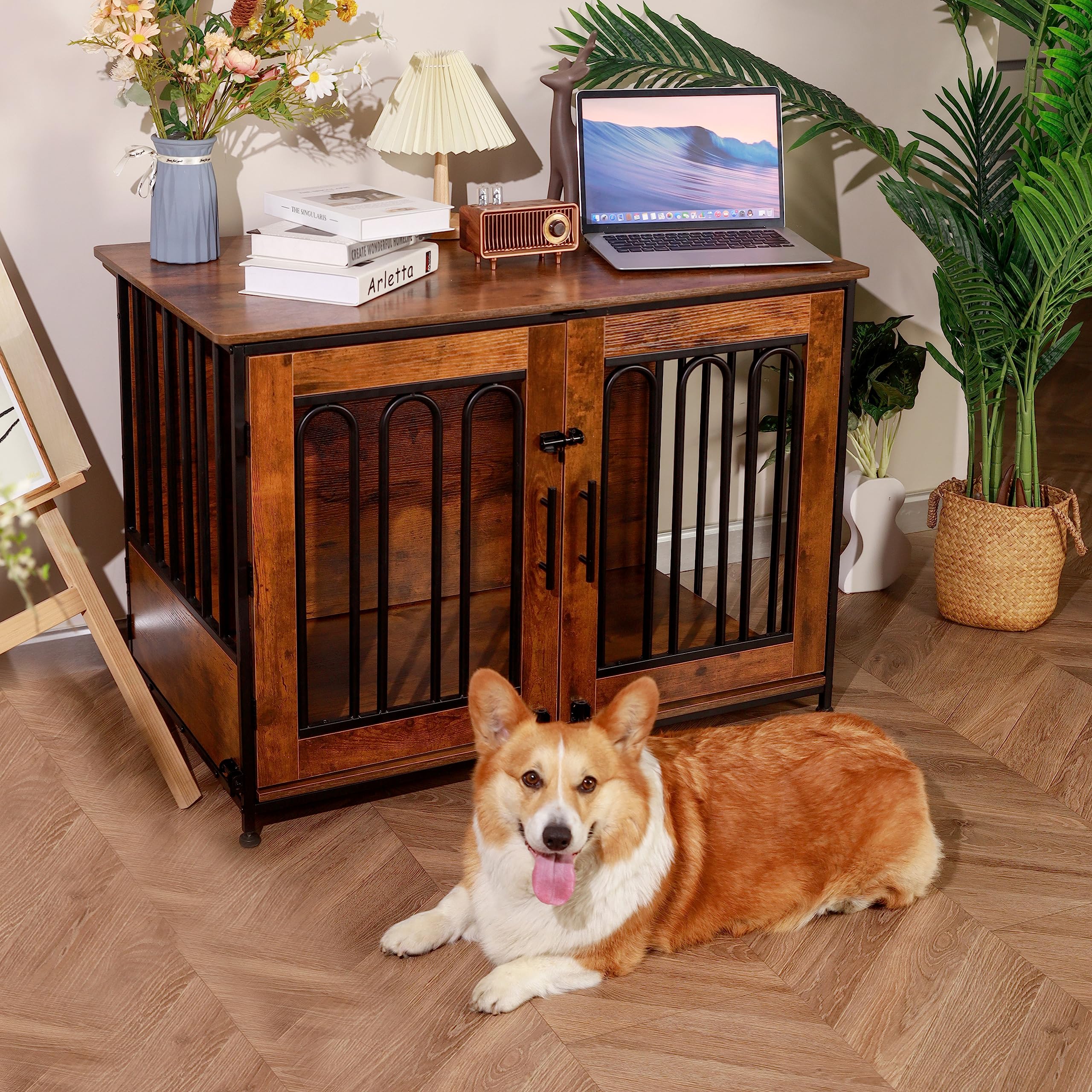 Dog Crate Furniture, 39.37" Double Doors Wooden Dog Kennel End Table, Indoor Dog House End Table Furniture Style for Small/Medium/Large Dogs Anti-Chew Crate,Retro Brown