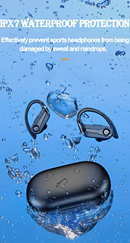 Bluetooth Headphones Wireless Earbuds 48hrs Playback IPX7 Waterproof Earphones Over-Ear Stereo Bass Headset with Earhooks Microphone LED Battery Display for Sports/Workout/Gym/Running GNMN Black