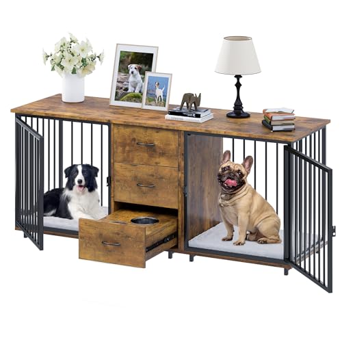 YITAHOME Double Doors Dog Crate Furniture, 74" Inch Wooden Dog Kennel with Room Divider & 2 Drawers, 2-in-1 TV Stand,4 Pull-Out Stainless Steel Dog Feeders Bowls for 2 Large Medium Small Dogs, Brown