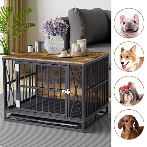 Furniture Style Dog Crate, 32" Wooden Dog Kennel with Tray and Lockable Door, Dog Cage End Table for Small & Medium Dogs, Rustic Dog Crate House Cage Indoor