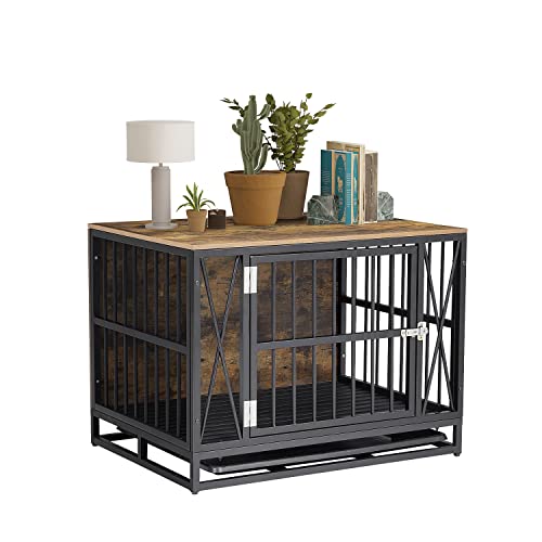 Furniture Style Dog Crate, 32" Wooden Dog Kennel with Tray and Lockable Door, Dog Cage End Table for Small & Medium Dogs, Rustic Dog Crate House Cage Indoor