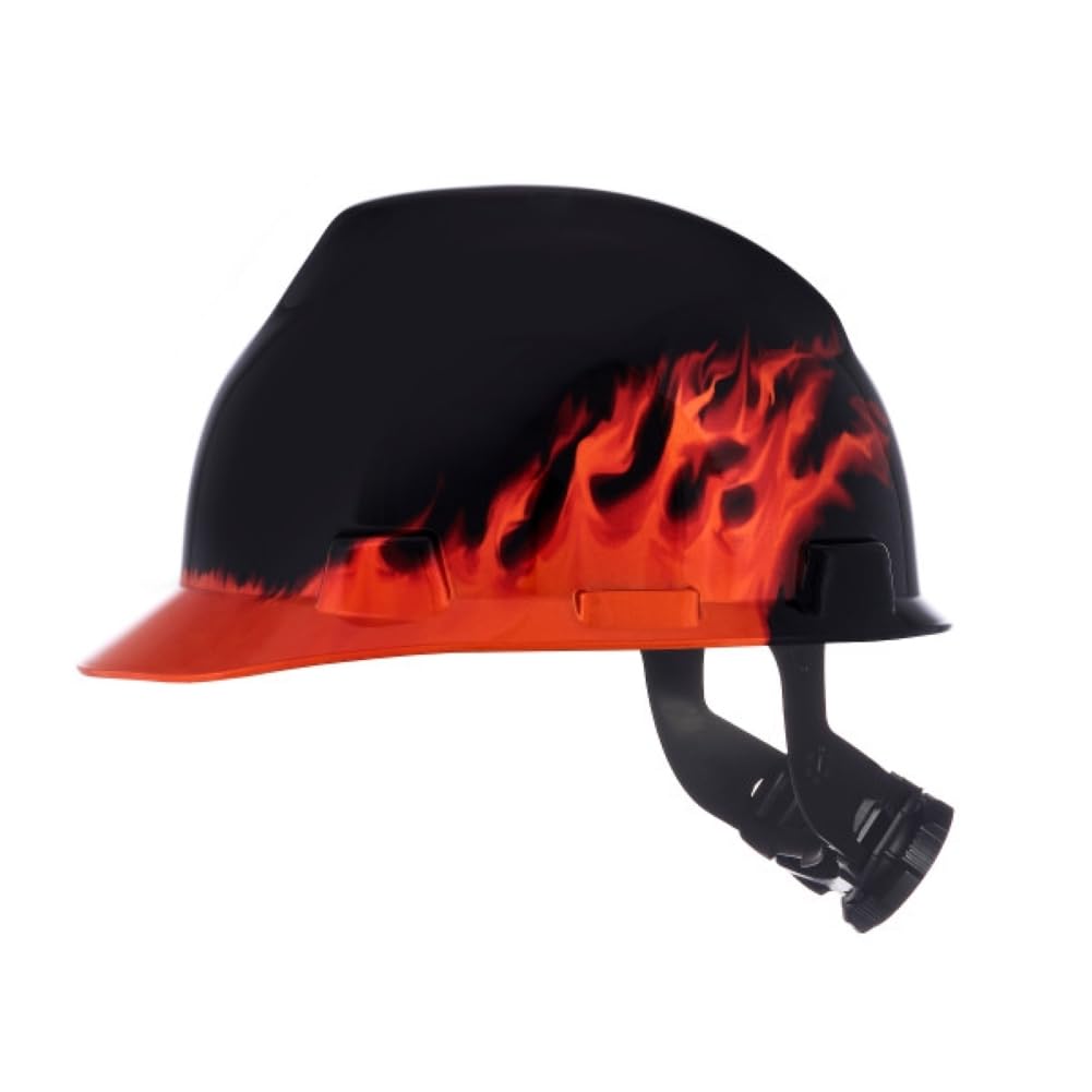 MSA 10092015 Freedom Series V-Gard Cap Style Safety Hard Hat with Fas-Trac III Ratchet Suspension | Polyethylene Shell, Self Adjusting Crown Straps - Standard Size in Black Fire