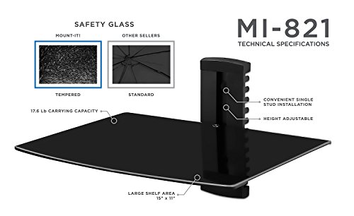 Mount-It! Floating Wall Mounted Shelf Bracket Stand for AV Receiver, Component, Cable Box, Playstation4, Xbox1, VCR Player, Blue Ray DVD Player, Projector, Load Capacity 17lbs, One Shelf