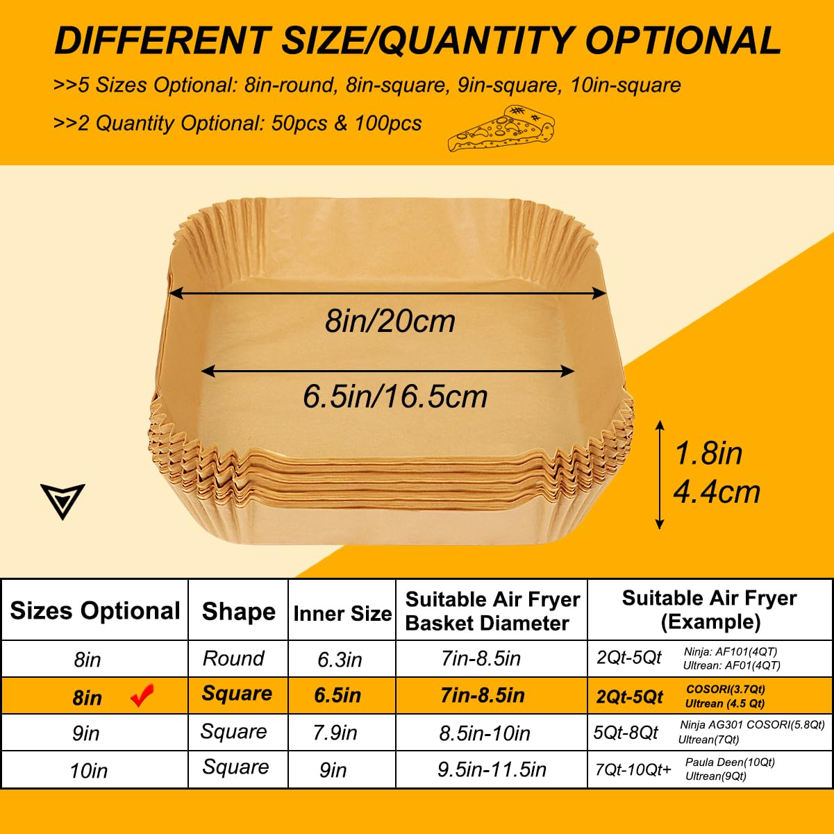 BYKITCHEN Square Air Fryer Disposable Paper Liners - Set of 100, Compatible with Cosori, Instant Pot, Dash Mini Air Fryer and More