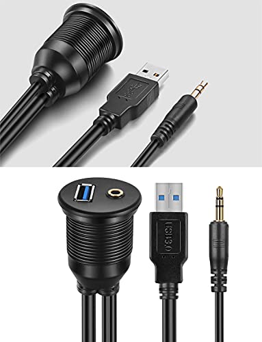 URWOOW USB Flush Mount - 1M 3ft 3.5mm & USB 3.0 AUX Extension Mount, Dash Mount, Flush Mount, Panel Mount Cable, for Car, Boat, Motorcycle