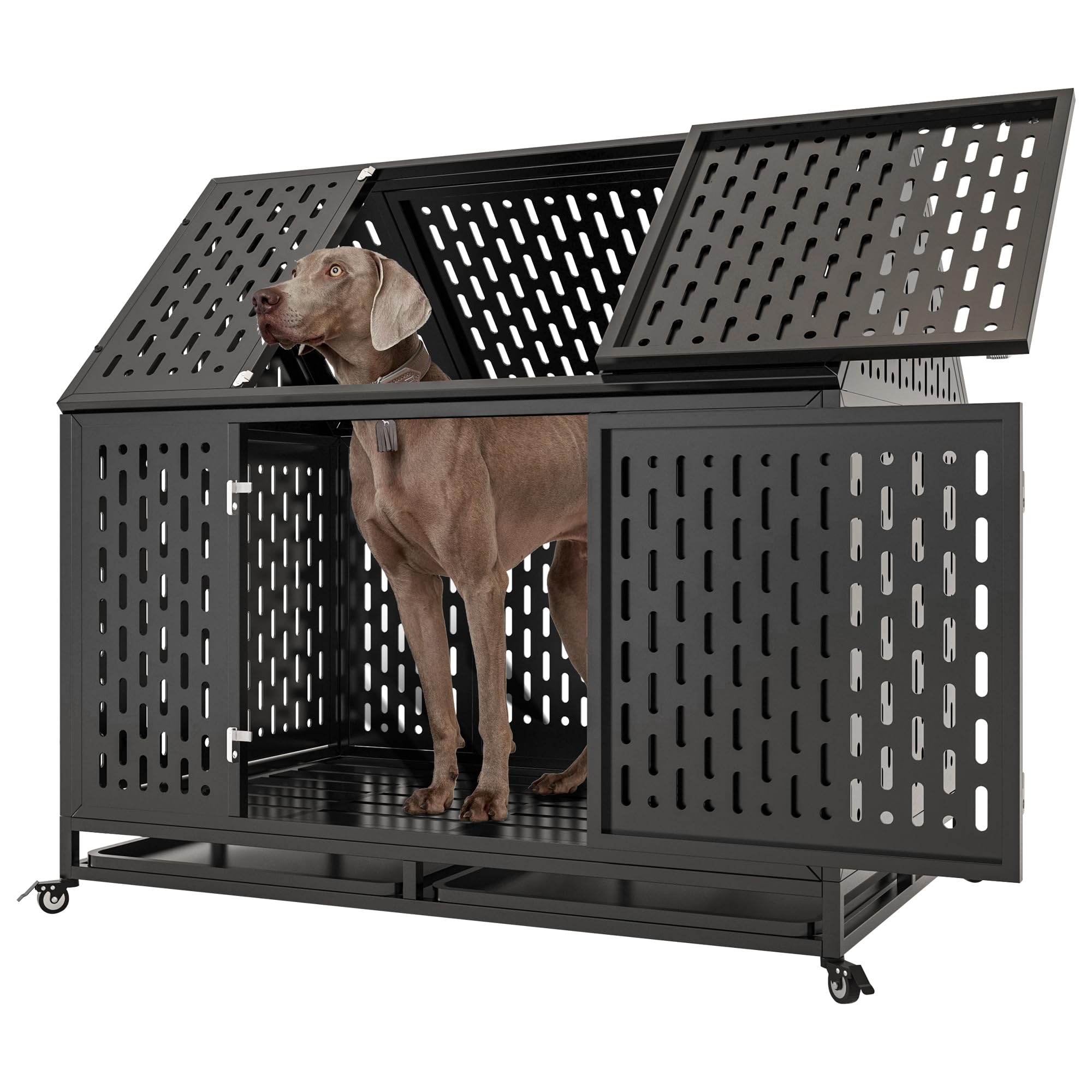 45'' Heavy Duty Dog Crate for Large Dogs, Indestructible Escape Proof Dog Cage with Self-Locking Latch, Large Indoor Dog Kennel with Double Door for High Anxiety Dogs