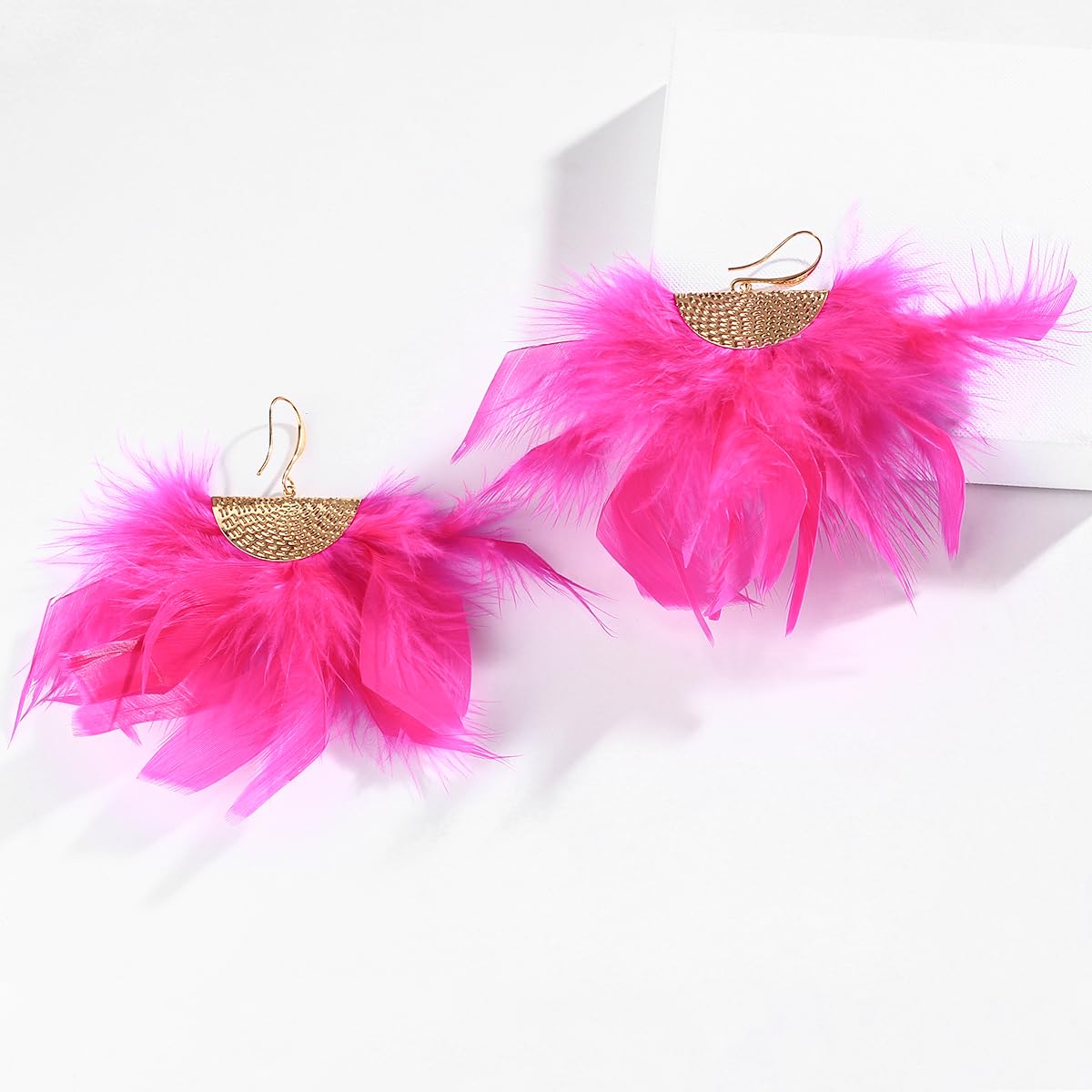 KELMALL Statement Fan Feather Dangling Earrings for Women, Bridal Wedding Party Proms Eye-catching Drop Dangle Earrings- Hot Pink