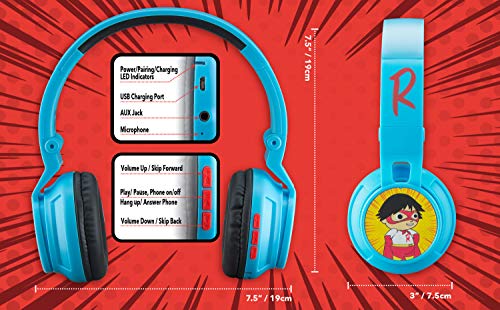 eKids Ryans World Kids Bluetooth Headphones, Wireless Headphones with Microphone Includes Aux Cord, Volume Reduced Kids Foldable Headphones for School, Home, or Travel