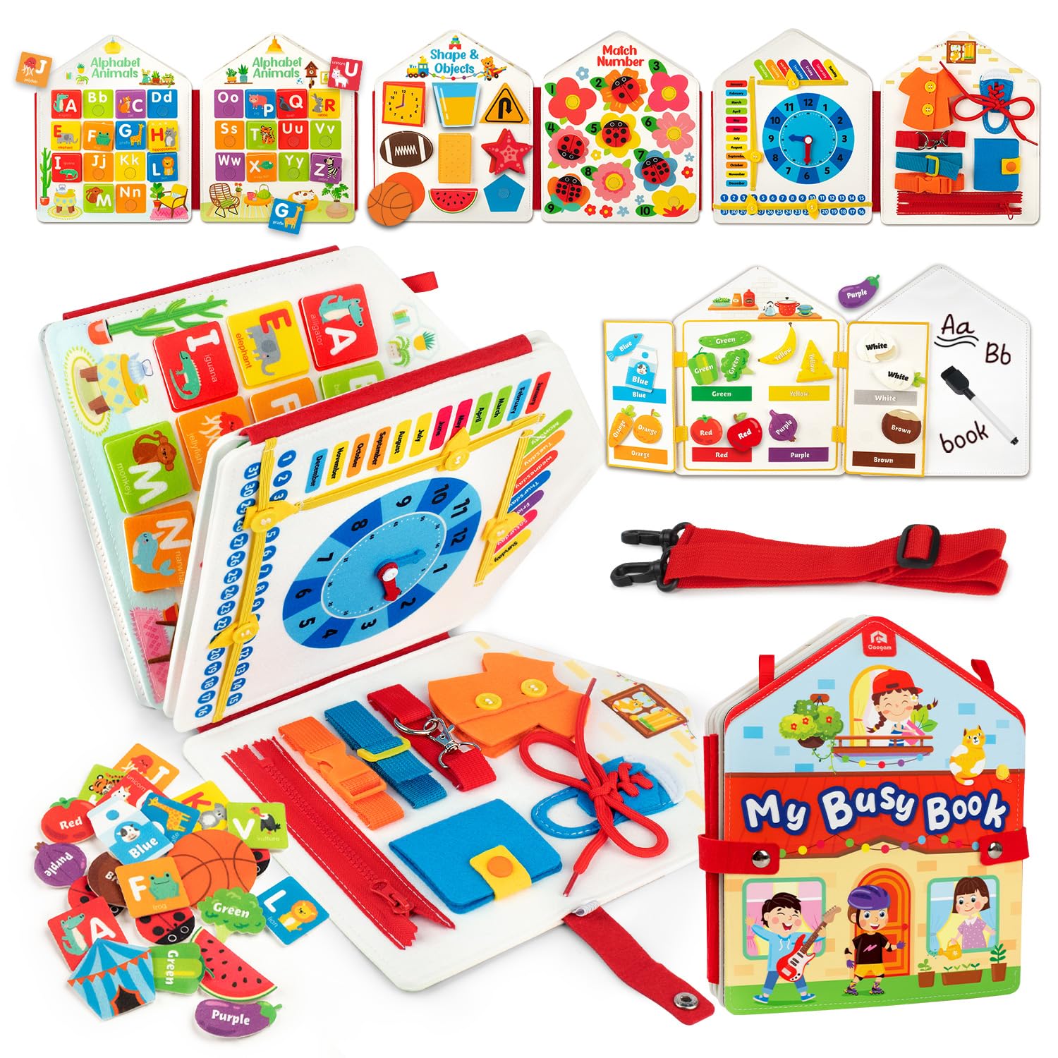 Coogam Toddler Felt Montessori Busy Book, Activity Sensory Boards Fine Motor Skill Quiet Book Car Travel Binder Autism Toys Preschool Learning Educational Gift for 3 4 5 Year Old