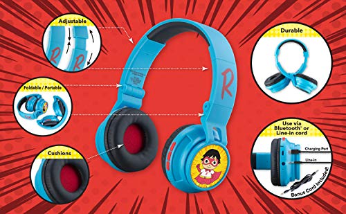 eKids Ryans World Kids Bluetooth Headphones, Wireless Headphones with Microphone Includes Aux Cord, Volume Reduced Kids Foldable Headphones for School, Home, or Travel