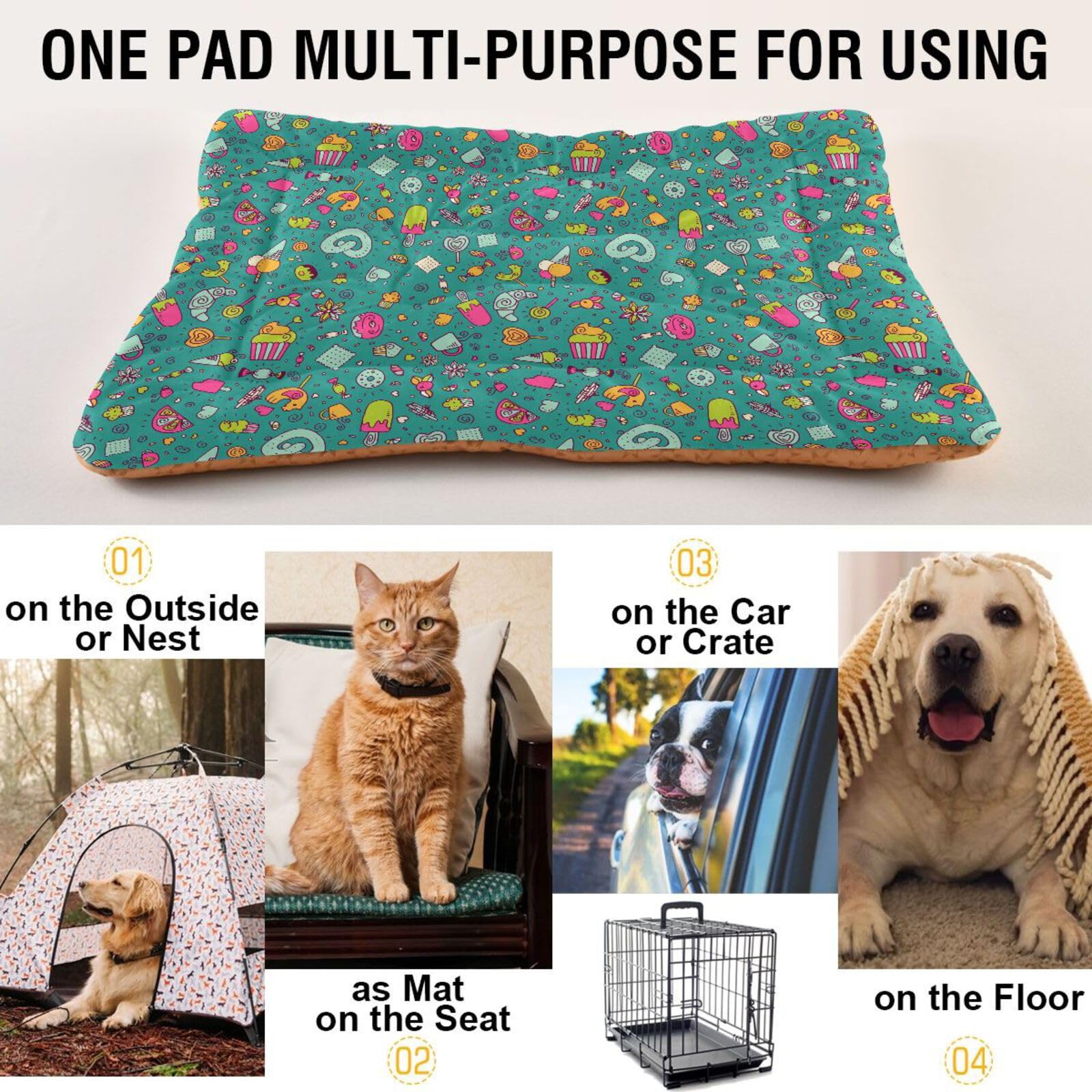 Coikll Cartoon Doodle11 Pet Bed Pad Soft Dog Bed Mat with Anti-Slip Bottom, Machine Washable Crate Pad Mattress for Dog Sleeping- 24 * 18inches
