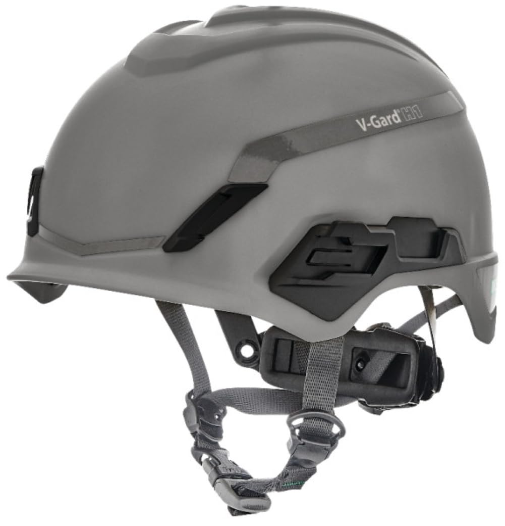 MSA 10204347 H1 V-Gard Helmet with Fas-Trac III Ratchet Suspension | Polyethylene Shell, Superior Impact Protection, Self Adjusting Crown Straps - Standard Size in Gray