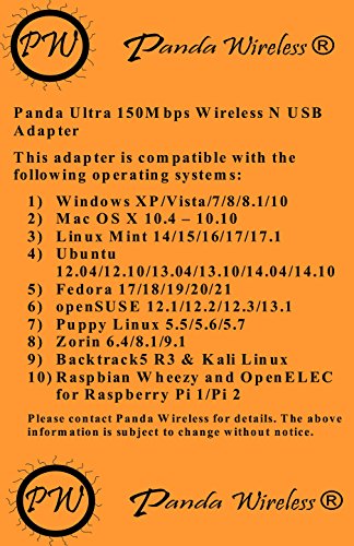 Panda Ultra 150Mbps Wireless N USB Adapter - Windows XP/Vista/7/8/8.1/10, Mac OS X 10.4-10.10, Mint, Ubuntu, Fedora, openSUSE, BackTrack5 R3, Kali Linux and Raspberry Pi 1/Pi 2