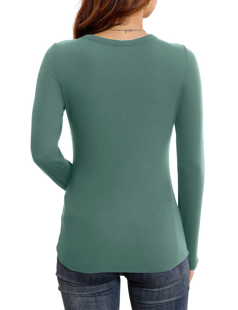 HWOKEFEIYU Women Fall Long Sleeve Stretch Slim Round Neck Ribbed Basic Top(Green,X-Large)