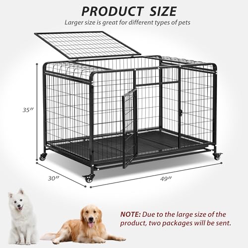 Azaeahom 49" Heavy Duty Dog Crate for Large Dogs, Extra Large Dog Cage Kennel with Double Door, 360°Lockable Wheels, Removable Tray for Easy Cleaning, Indoor/Outdoor