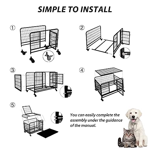 Azaeahom 49" Heavy Duty Dog Crate for Large Dogs, Extra Large Dog Cage Kennel with Double Door, 360°Lockable Wheels, Removable Tray for Easy Cleaning, Indoor/Outdoor