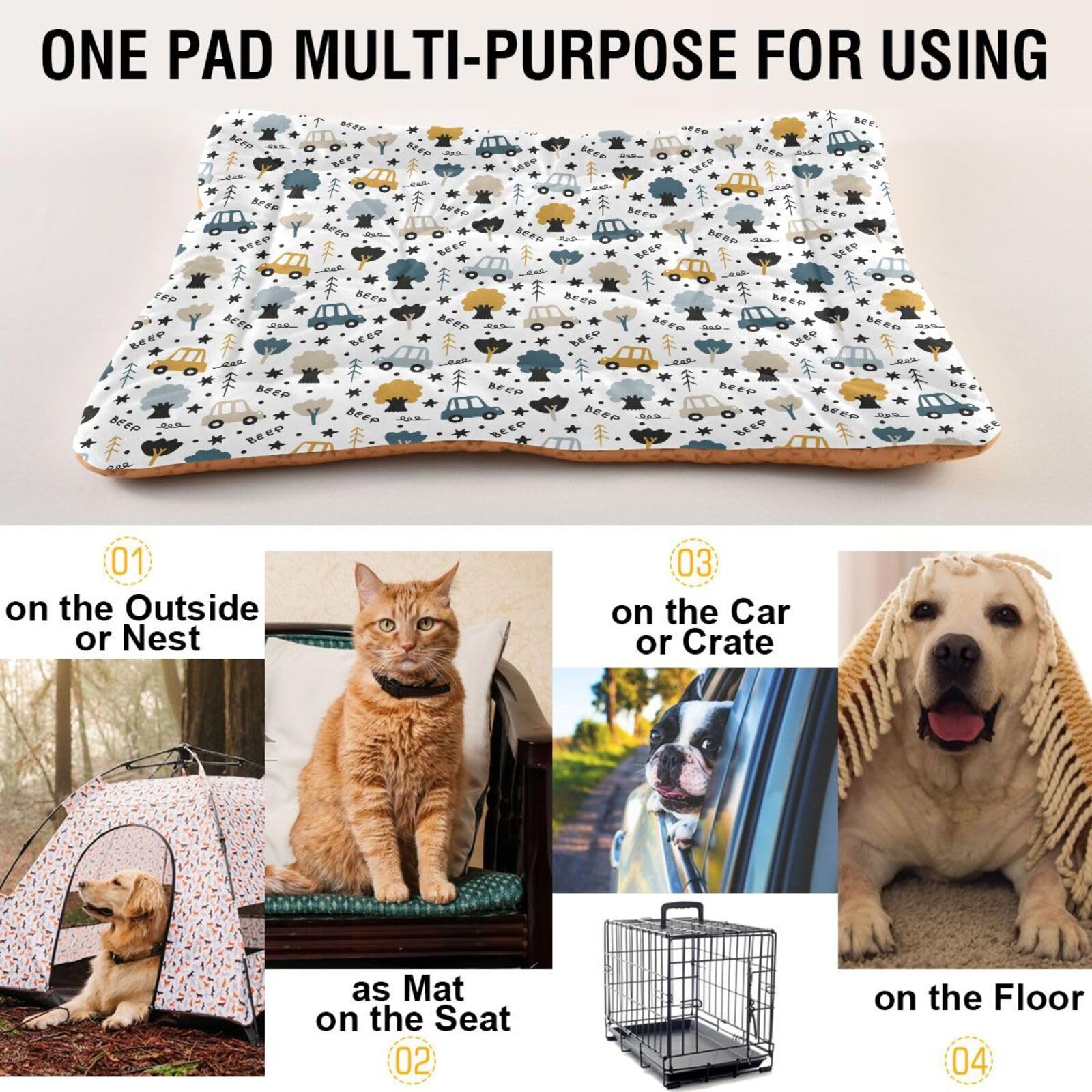 Coikll Cartoon Transport Print Pet Bed Pad Soft Dog Bed Mat with Anti-Slip Bottom, Machine Washable Crate Pad Mattress for Dog Sleeping- 36 * 24inches