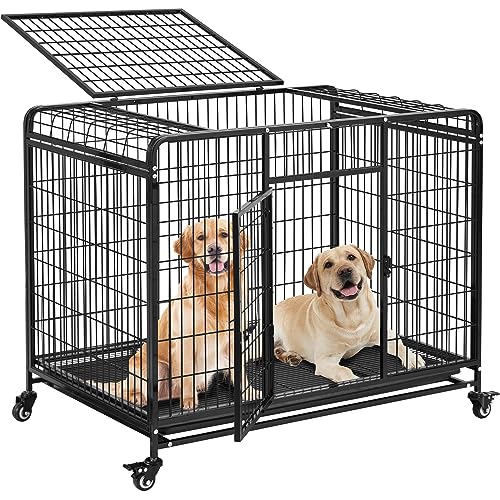 Azaeahom 49" Heavy Duty Dog Crate for Large Dogs, Extra Large Dog Cage Kennel with Double Door, 360°Lockable Wheels, Removable Tray for Easy Cleaning, Indoor/Outdoor
