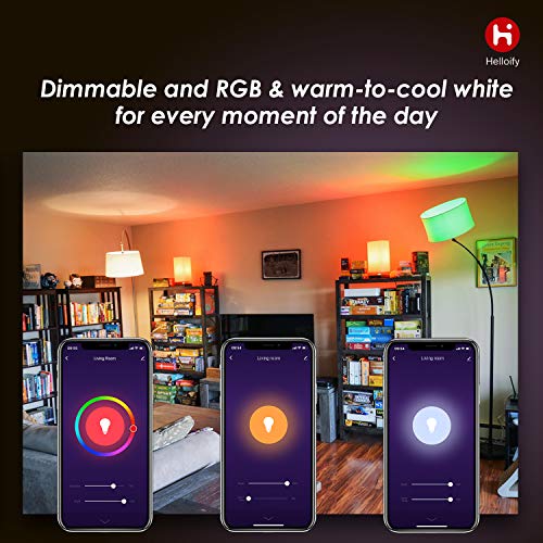 Helloify A19 LED Smart, WiFi Light Bulb Compatible with Alexa Google Home, RGBCW Color Changing, Cool Warm White Dimmable, No Hub Required, 60W Equivalent, RGB+2700K-6500K, 4 Pack
