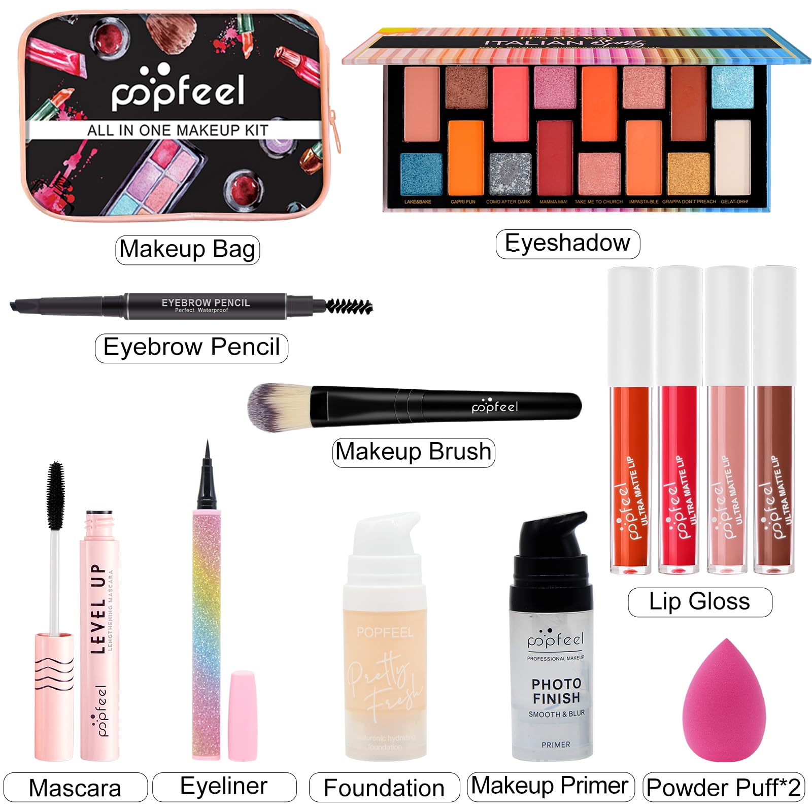 Professional Makeup Kit Set,All in One Makeup Kit with 16 Colors Eyeshadow Palette,Liquid Foundation & Smooth Primer,4 Pcs Lipstick,Eyeshadow Pencil,Mascara,Face Blush for Teens Teenager
