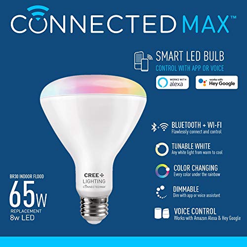 Cree Lighting Connected Max Smart Led Bulb Br30 Indoor Flood Tunable White + Color Changing, 2.4 Ghz, Works With Alexa And Google Home, No Hub Required, Bluetooth + Wifi, 1Pk