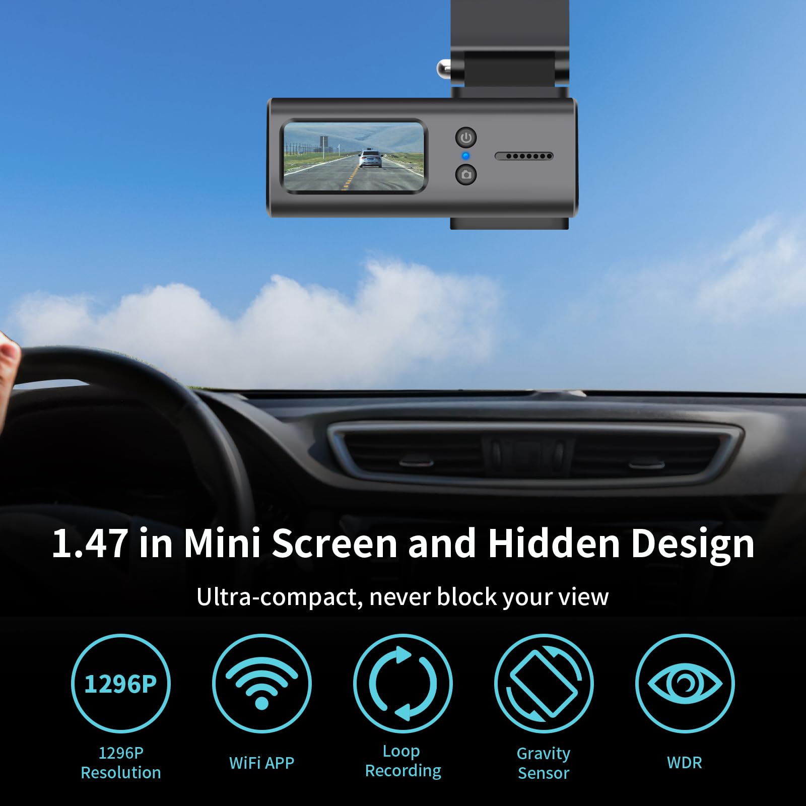 Frvesroe Dash Cam with WiFi APP, 1296P FHD Mini Front Dash Camera for Cars with Super Night Vision, WDR, Loop Recording, G-Sensor, Easy to Install, Free 16GB SD Card，FD-1