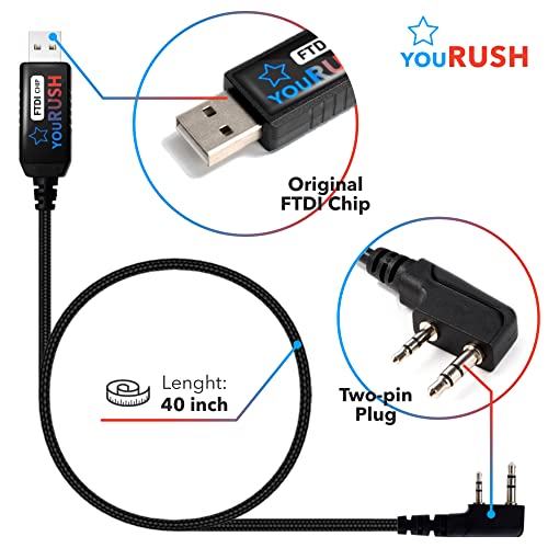 youRUSH Chirp Premium FTDI USB Programming Cable 1m Black Compatible with Baofeng Ham Radio UV-5R BF-F8HP GT-3TP BF-888S UV-82 UV-S9Plus and for Kenwood Radios with K Plug 2 pin. Easy Plug & Play