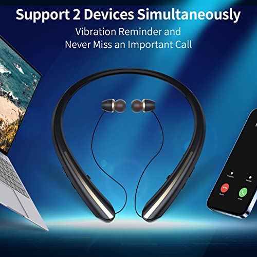 Bluetooth Headphones Retractable, Neckband Earbuds Wireless Headset Sports Noise Cancelling Stereo Earphones with Microphone Compatible with iPhone, Smart Phone, Android, Samsung, iPad (Black Gold)