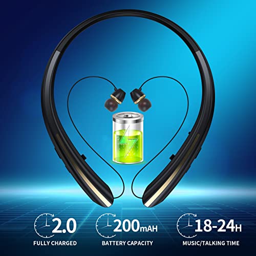 Bluetooth Headphones Retractable, Neckband Earbuds Wireless Headset Sports Noise Cancelling Stereo Earphones with Microphone Compatible with iPhone, Smart Phone, Android, Samsung, iPad (Black Gold)