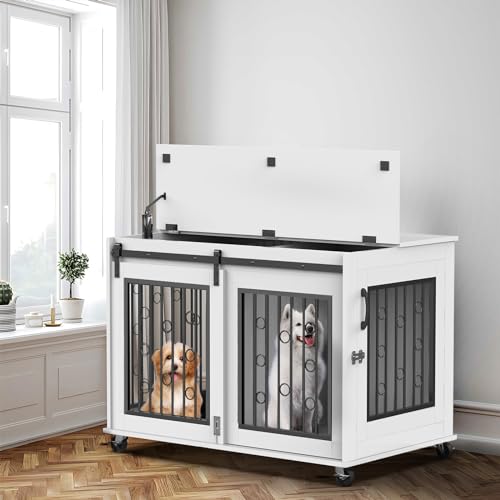 Lyromix Furniture Style Dog Crate End Table with Sliding Barn Door, Indoor Dog Kennel Furniture with Removable Divider for 2 Small to Medium Pets, White, 39.37''W×25.2''D×28.94''H