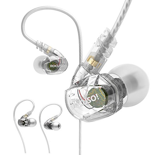 ROCUSO Noise-Isolating Musician's in Ear Monitor, Wired Over Ear Stereo Bass Headphones with Microphone, Waterproof Sport Earbuds for Running, Jogging, Gym, Clear