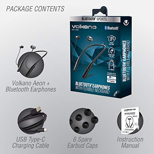 Volkano Wireless Sports Earphones w/Google Assistant/Siri, 8-HR Playtime Audífonos Inalámbricos, Flexible Neckband Bluetooth Earbuds, Compatible w/iPhone/Android, Hands-Free [Black] - Aeon+ Series