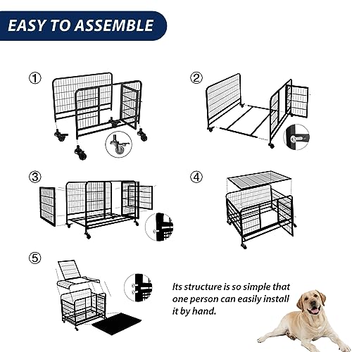 Azaeahom 43" Heavy Duty and Large Dog Crate Cage for Medium Large Dogs, High Anxiety Dog Kennel with Lockable Wheels & Removable Tray, Double Doors for Indoor Outdoor