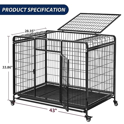 Azaeahom 43" Heavy Duty and Large Dog Crate Cage for Medium Large Dogs, High Anxiety Dog Kennel with Lockable Wheels & Removable Tray, Double Doors for Indoor Outdoor