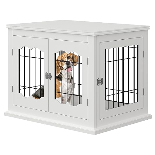 4NM Furniture Style Dog Crate with Cushion, Dog Kennel, Dog Cage for Small Medium Dogs, Indoor Aesthetic Puppy Kennel, Chew-Proof Metal Bars,Pretty Cute End Side Table Nightstand- White