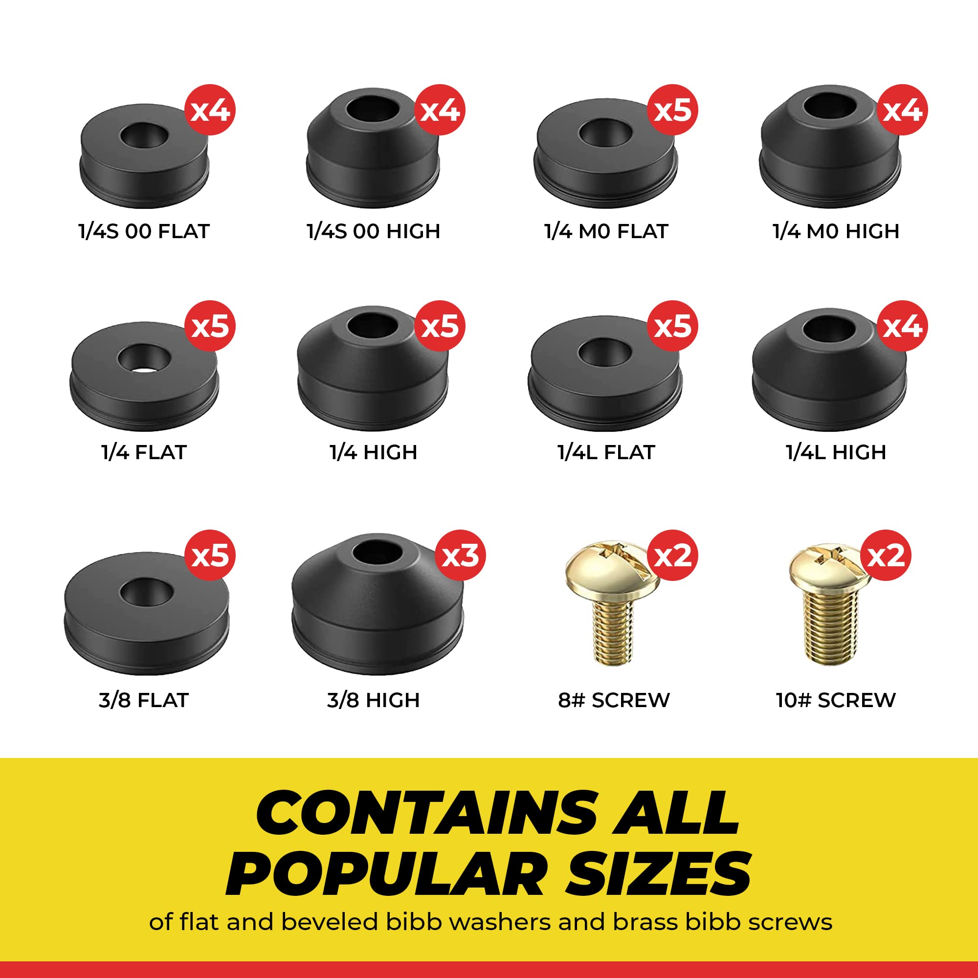 Flat and Beveled Faucet Washers and Brass Bibb Screws Assortment, 48 Pieces