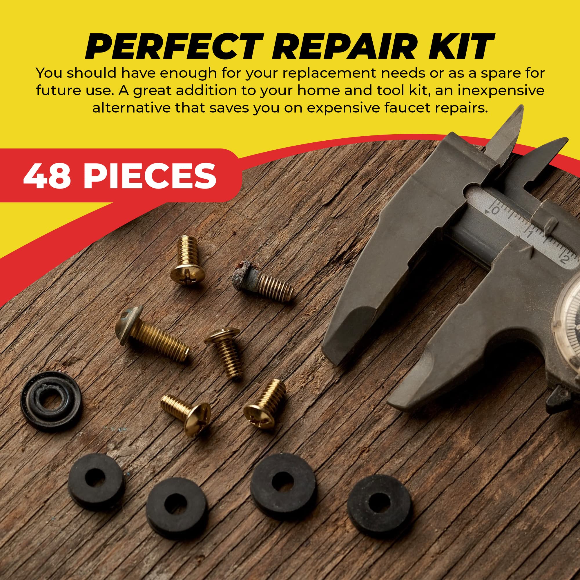 Flat and Beveled Faucet Washers and Brass Bibb Screws Assortment, 48 Pieces