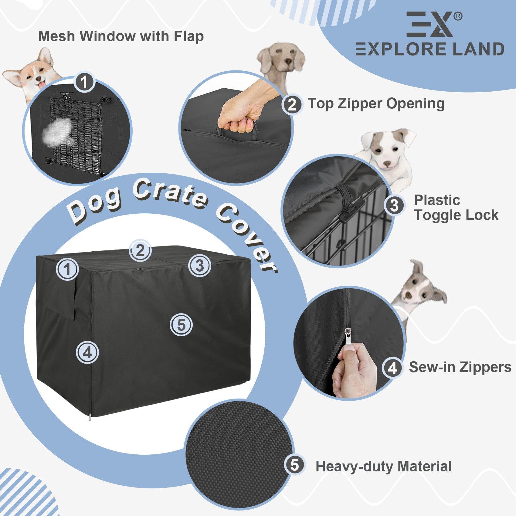 Explore Land 48 inches Dog Crate Cover Heavy Duty Polyester Pet Kennel Sunshade Universal Fit for Wire Cage (Black)