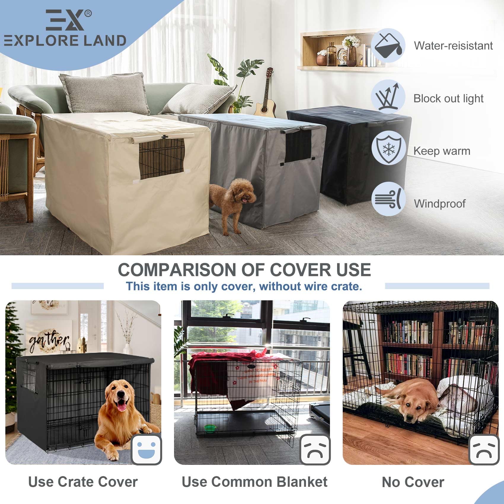 Explore Land 48 inches Dog Crate Cover Heavy Duty Polyester Pet Kennel Sunshade Universal Fit for Wire Cage (Black)