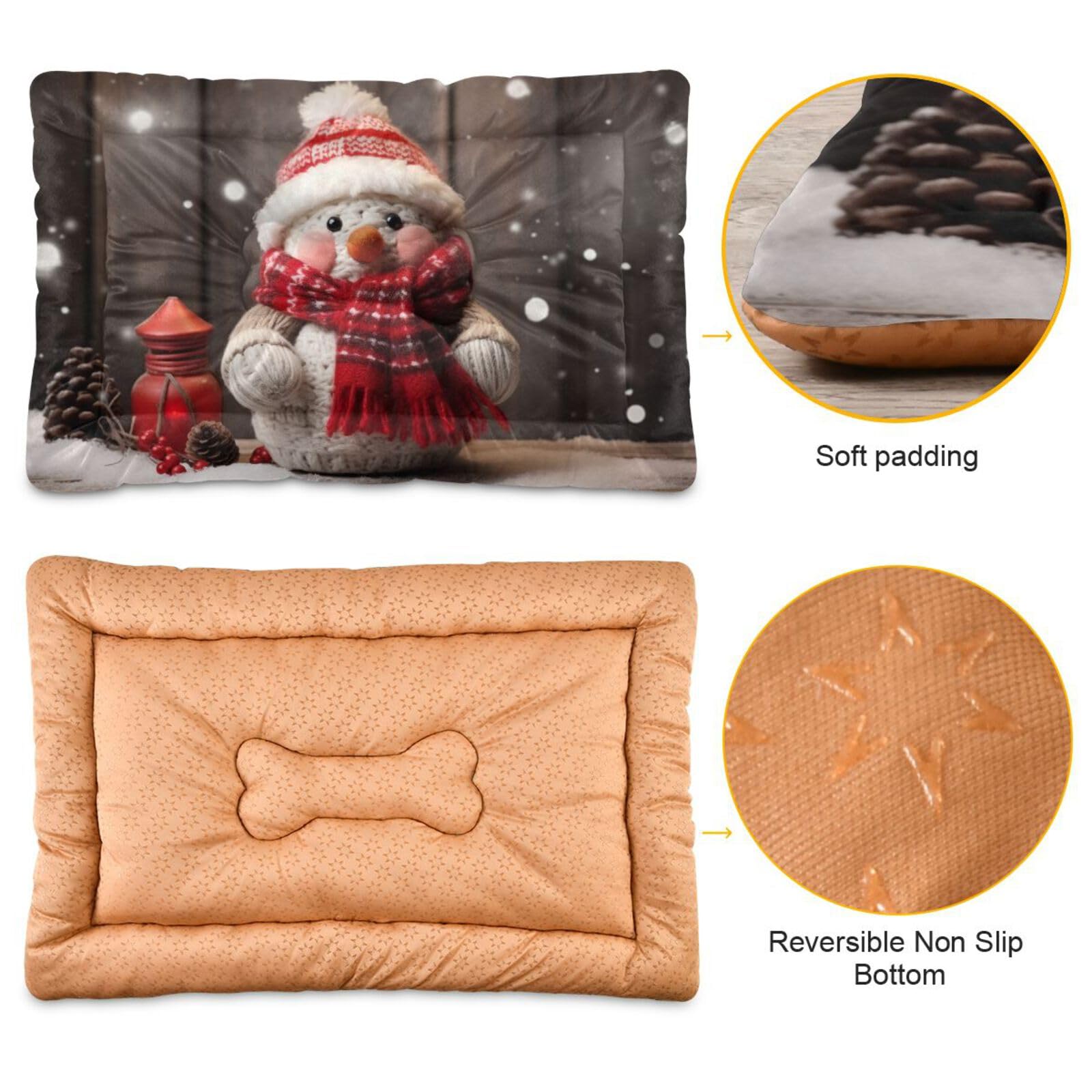 Christmas Snowman Crate Pet Bed, Portable Washable Dog Cat Mat, Soft Comfortable Pet Mattress with Non-Slip Bottom for Dogs Cats Sleeping, 36 x 24 Inch