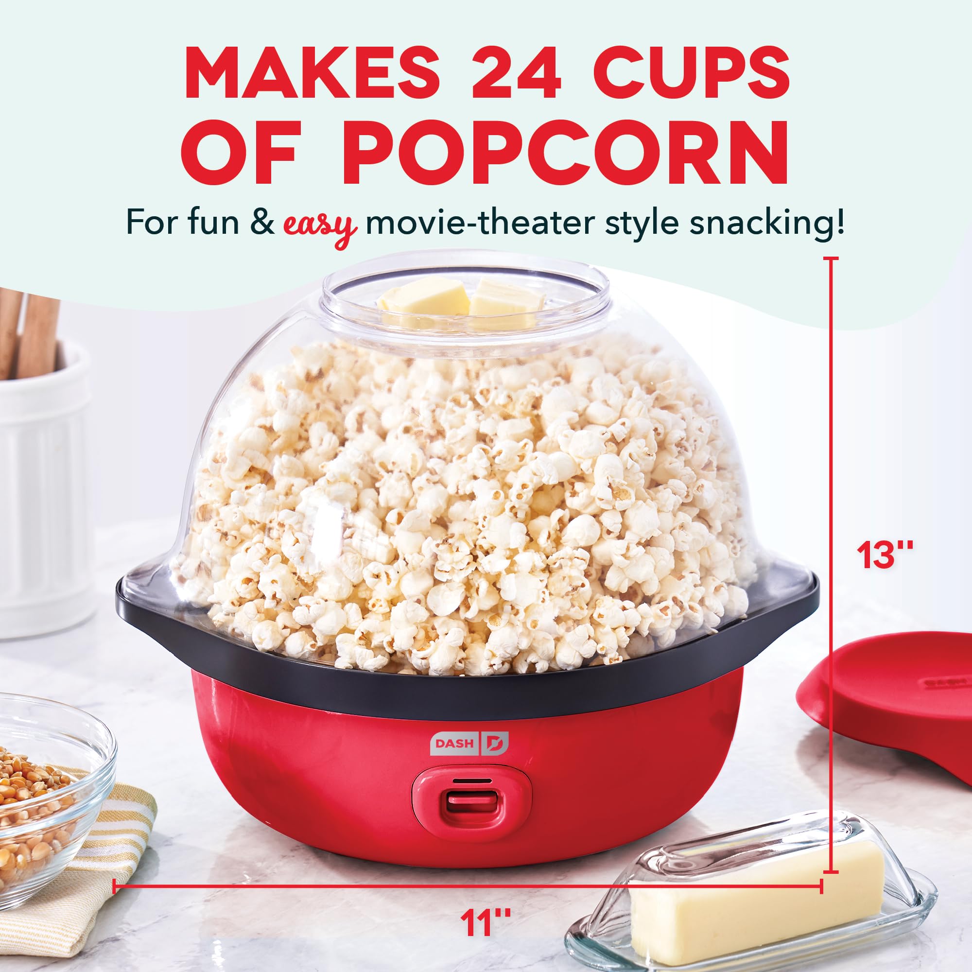 DASH SmartStore™ Deluxe Stirring Popcorn Maker, Hot Oil Electric Popcorn Machine with Large Lid for Serving Bowl and Convenient Storage, 24 Cups – Red