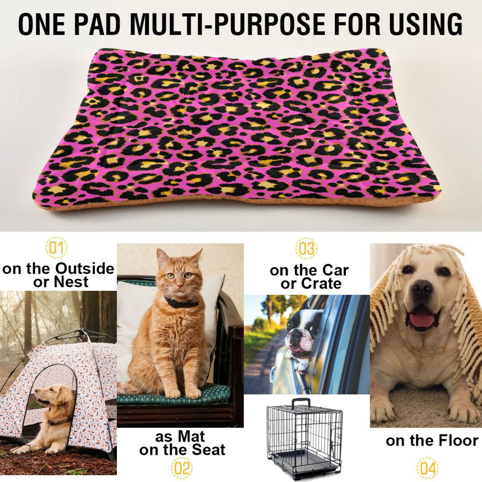 YETTASBIN Leopard Crate Pet Bed, Portable Washable Dog Cat Mat, Soft Comfortable Pet Mattress with Non-Slip Bottom for Dogs Cats Sleeping, 24 x 18 Inch