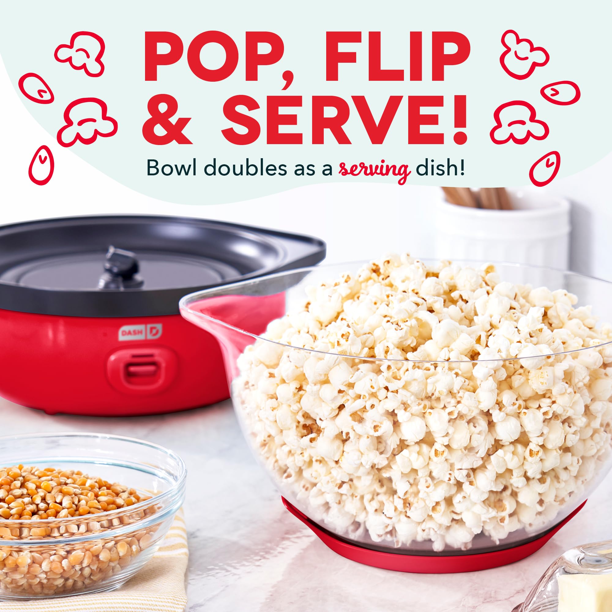 DASH SmartStore™ Deluxe Stirring Popcorn Maker, Hot Oil Electric Popcorn Machine with Large Lid for Serving Bowl and Convenient Storage, 24 Cups – Red